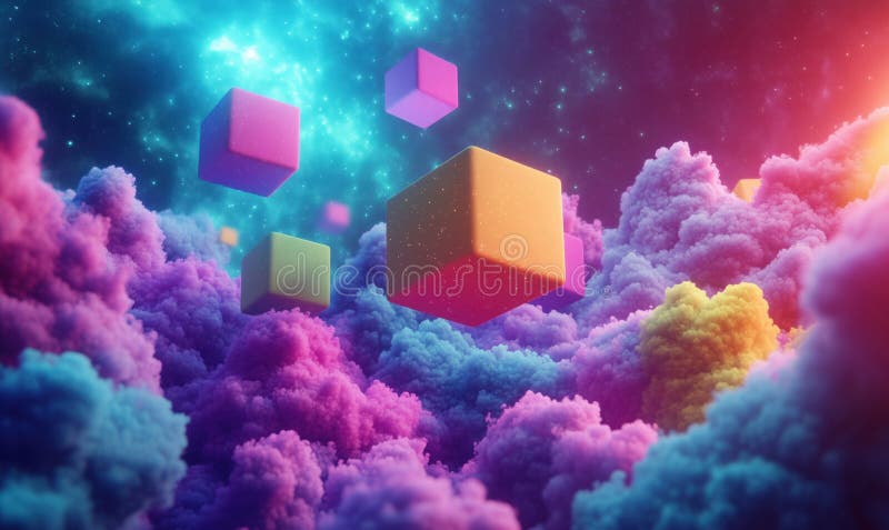 Colorful 3d Cubes Floating Above Vibrant Clouds In Cosmic Space