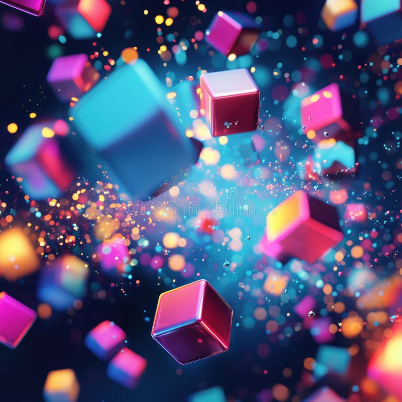 Colorful 3D Cubes Floating in Vibrant Cosmic Background with Sparkling ...