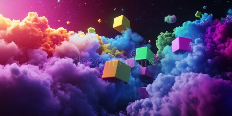 Colorful 3D Cubes Floating in Vibrant Cosmic Clouds with Starry ...