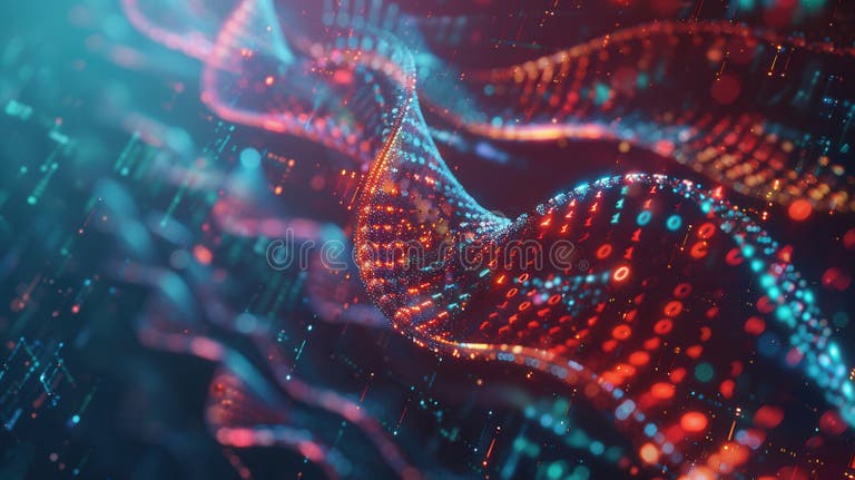 A Colorful 3D DNA Strand Glows with Animated Binary Code and Digital ...