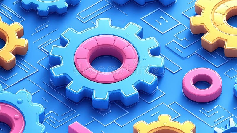 Colorful 3D Gears on Blue Background with Geometric Patterns and Modern ...