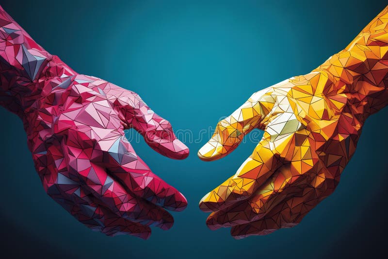 Colorful 3D Geometric Hands Interacting with Each Other Over Blue ...
