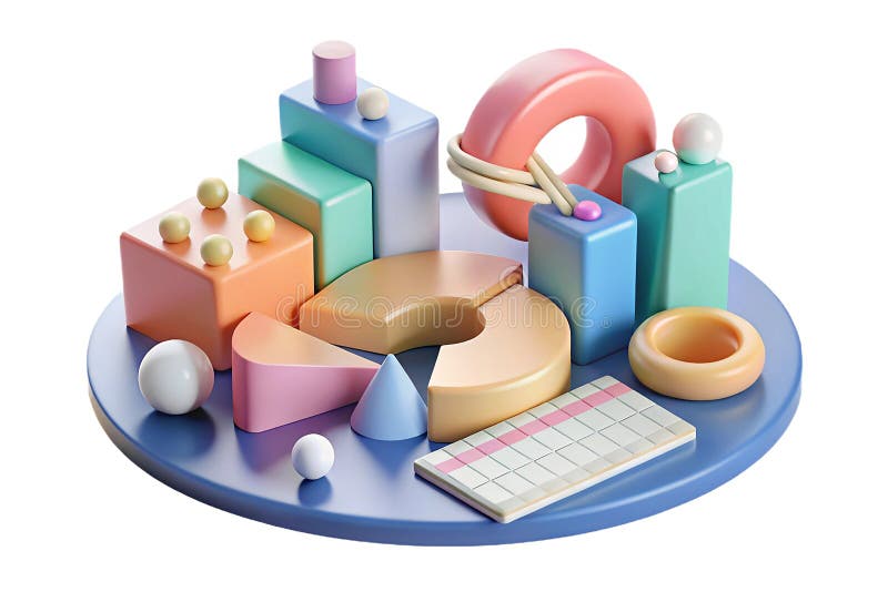 Colorful 3D Geometric Shapes on Blue Circular Base Stock Illustration ...