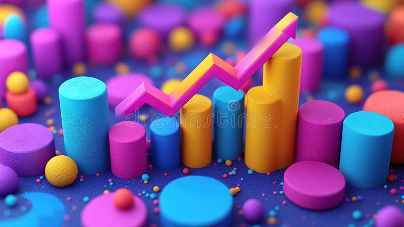 Colorful 3D Graphic of Growing Bar Chart Surrounded by Geometric Shapes ...