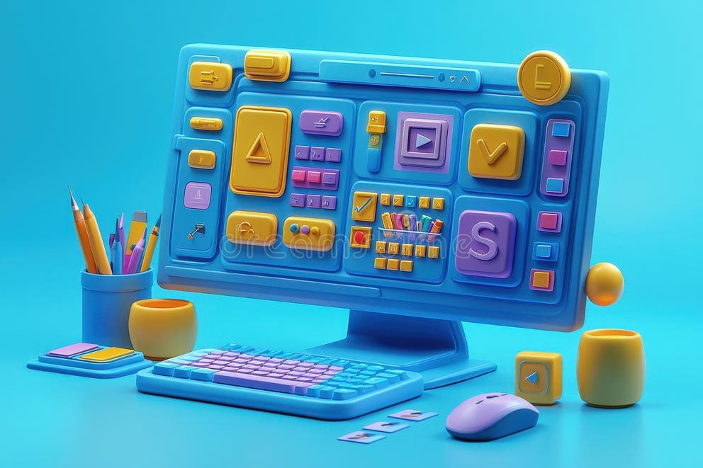 Colorful 3D Illustration of Computer Design Software Interface on a ...