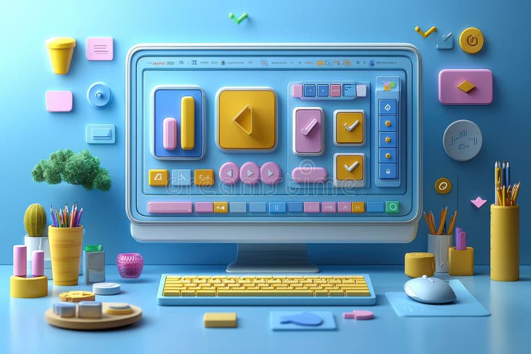 Colorful 3D Illustration of Computer Design Software Interface on a Desk Stock Illustration ...