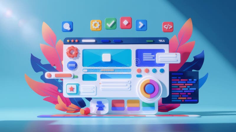 3D Web Design Illustration with Colorful Interface Elements and Icons ...
