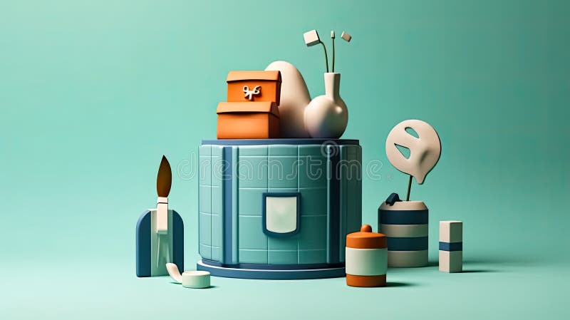 A Colorful 3D Image of a Birthday Cake with Various Objects on it ...