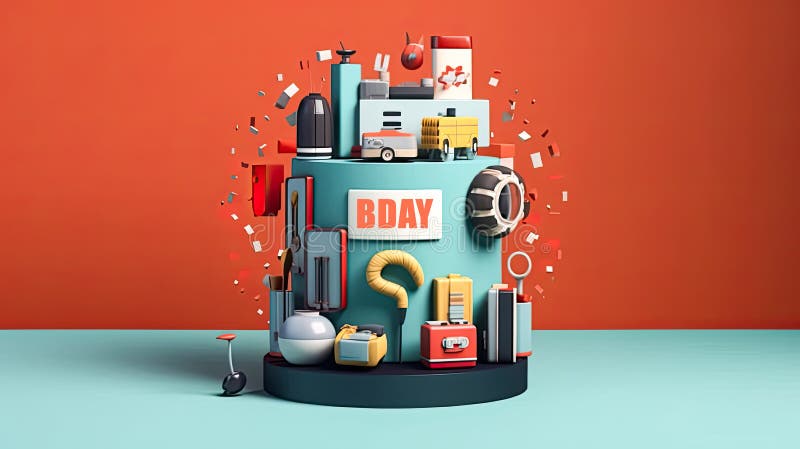 A Colorful 3D Image of a Birthday Cake with Various Objects on it Stock ...