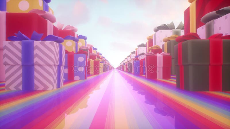 Colorful 3D Loop Animation of Gift Boxes on Rainbow Floor Path Stock ...