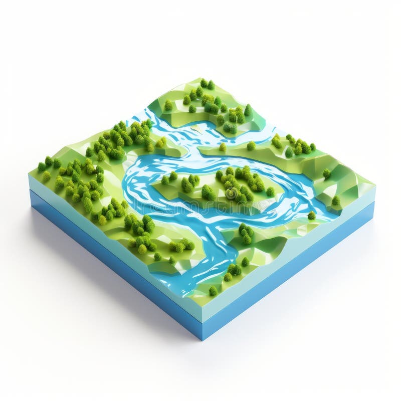 Colorful 3d Map of Isolated River Meadow with Mountains Stock ...