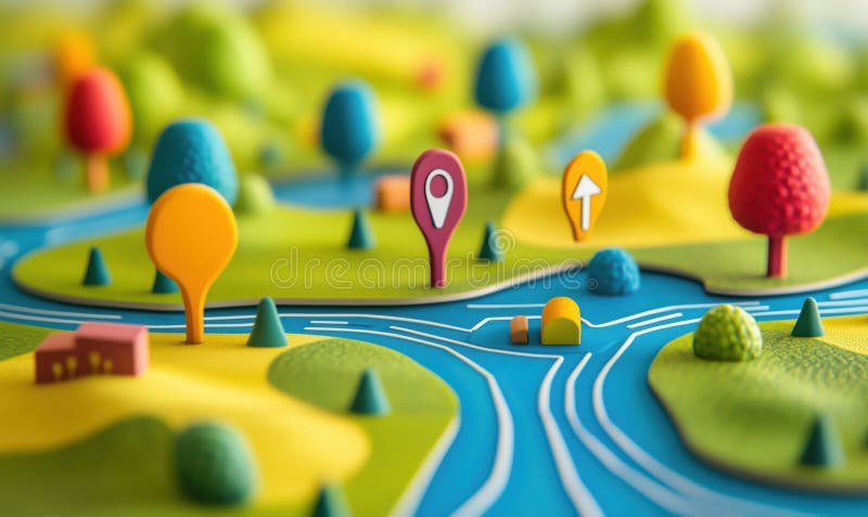Colorful 3D Map with Trees, Rivers, and Directional Icons Representing ...