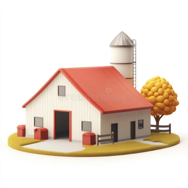 Charming Red Roofed Farm Barn with Silo and Autumn Tree Stock ...