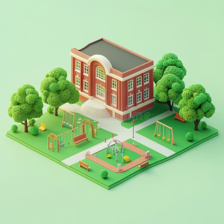 A Colorful 3D Model of a School Building with a Playground and Greenery ...