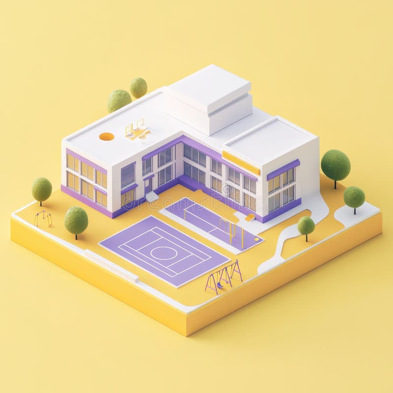 A Colorful 3D Model of a School with Sports Facilities and Playground ...