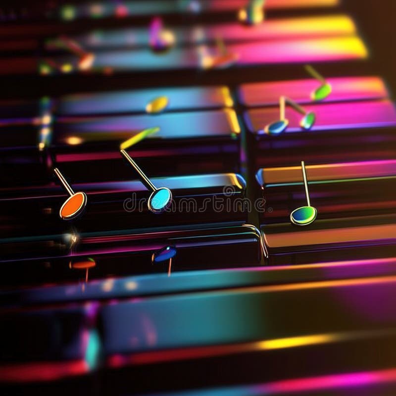 Colorful 3D Musical Notes Floating on Piano Keys Stock Illustration ...
