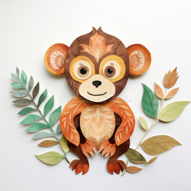 Colorful 3d Paper Art Monkey with Leaf Patterns on White Background ...