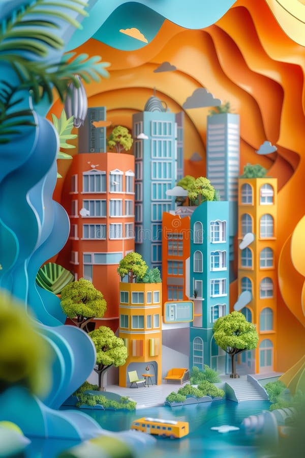 Colorful 3D Paper Cut Diorama of an Office Environment Representing ...