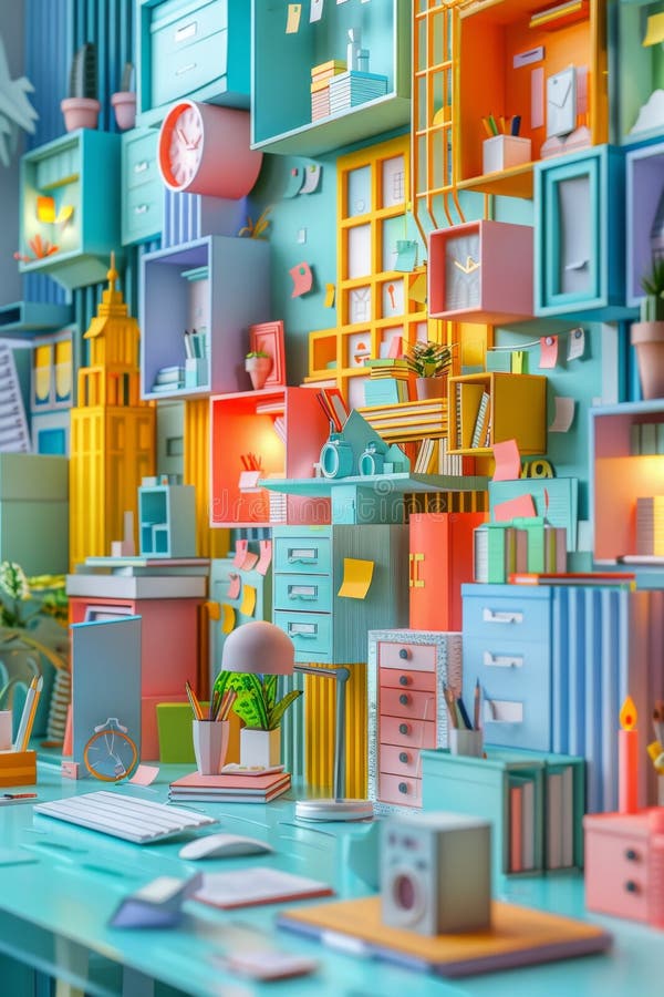 Colorful 3D Paper Cut Showcasing Creative Office Ideas Stock ...