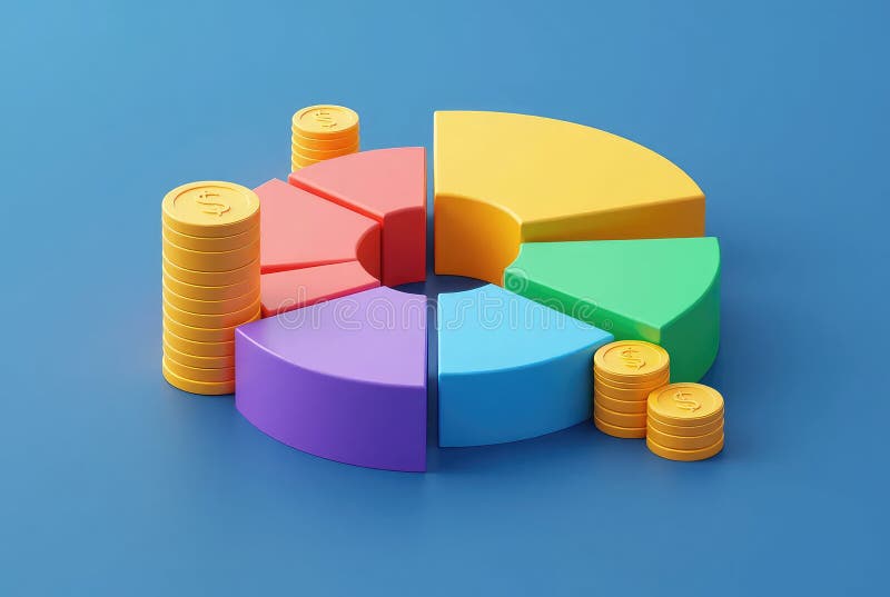 Colorful 3D Pie Chart with Segments and Coins Representing Financial ...