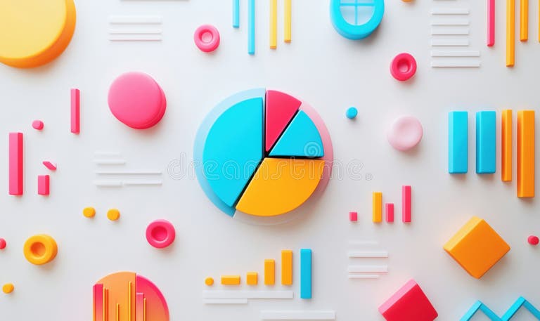 Colorful 3D Pie Chart Surrounded by Vibrant Geometric Shapes and Data ...