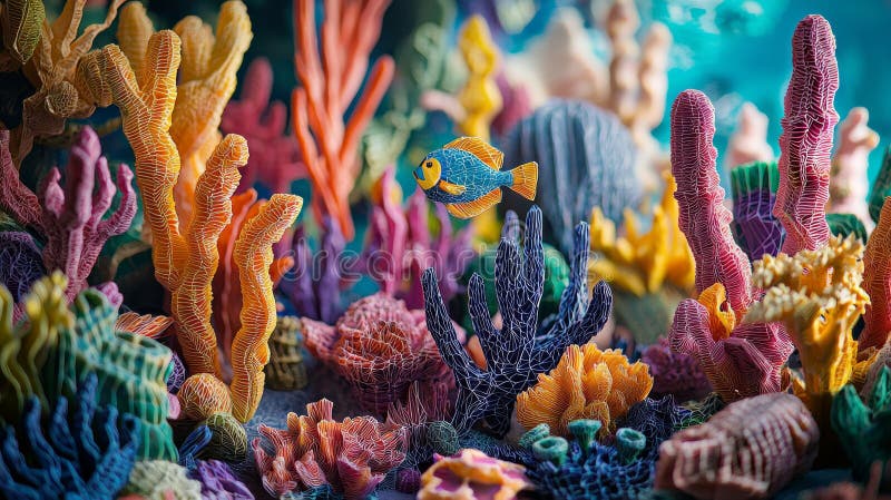 Colorful 3D Printed Coral Reef with a Single Fish Stock Illustration ...