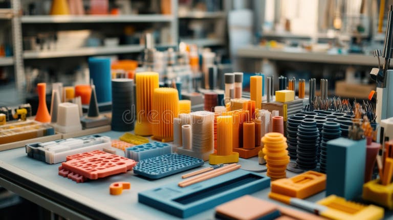 Colorful 3d Printed Objects Filling Workshop Table Demonstrating Additive Manufacturing Process ...