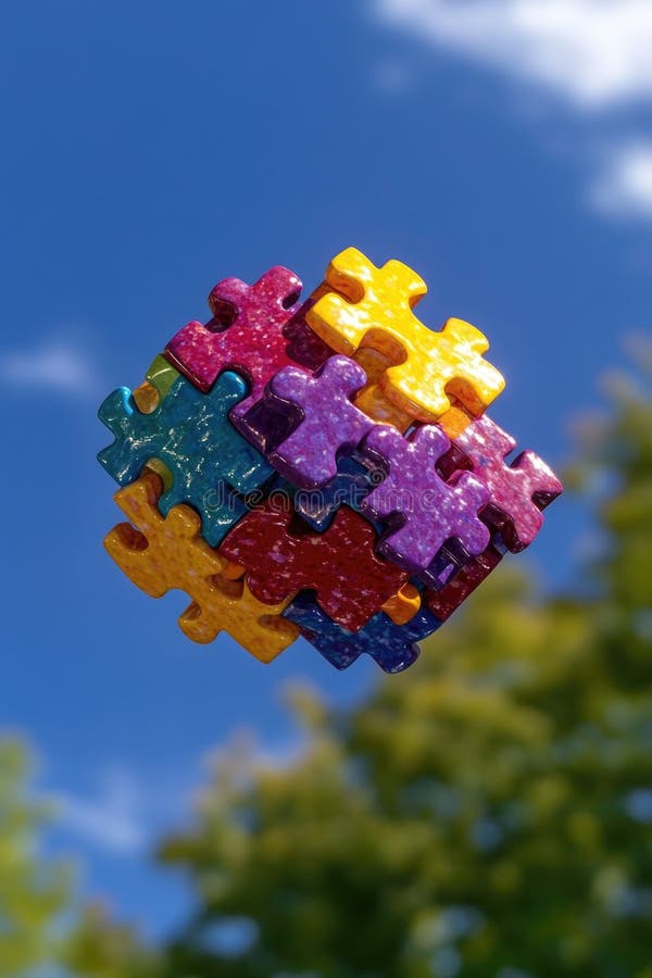Colorful 3d Puzzle Cube Floating Against Blue Sky and Green Trees in ...