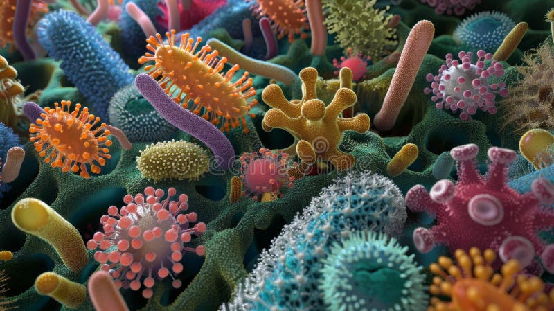Colorful 3D Rendered Microbial Ecosystem with Diverse Microorganisms ...