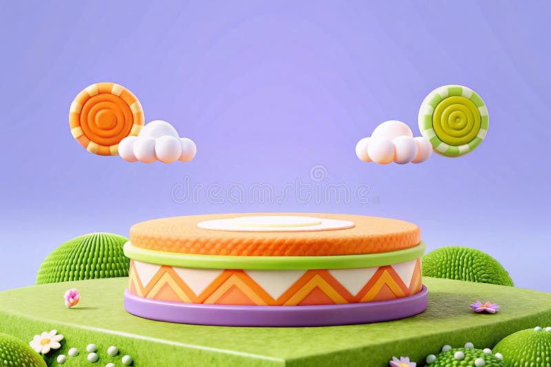 Colorful 3D Rendered Platform with Cartoon Clouds and Flowers Stock ...