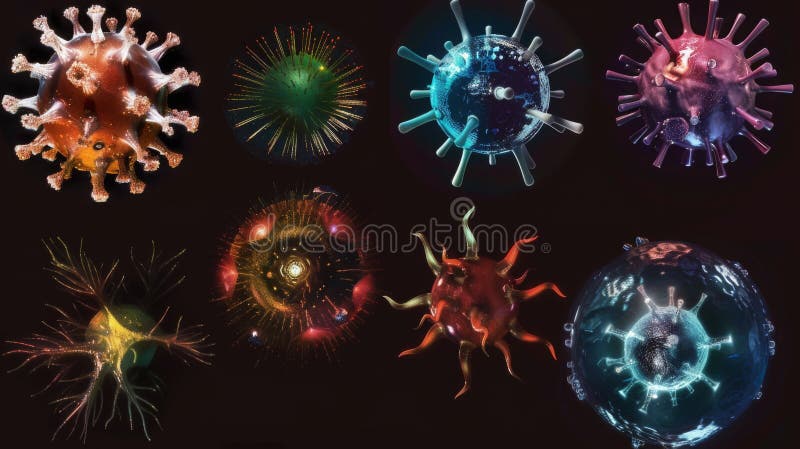 Colorful 3D Rendered Virus Models on Black Background Stock ...