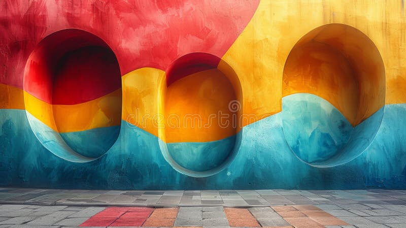 Colorful 3D Rendering of a Curved Wall with Three Openings Stock ...