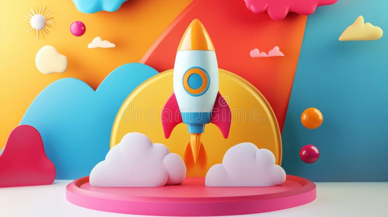 Colorful 3d Rocket Launch Scene Clouds Vibrant Background Elements ...