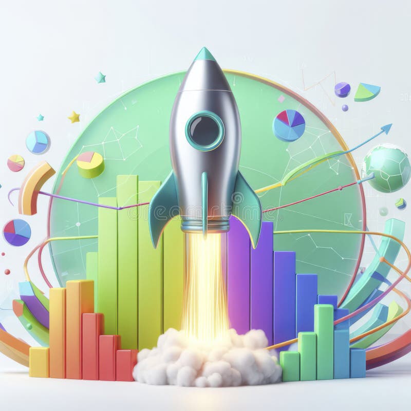 Colorful 3d Rocket Taking Off and Green Bar Graphs, Successful Startup ...