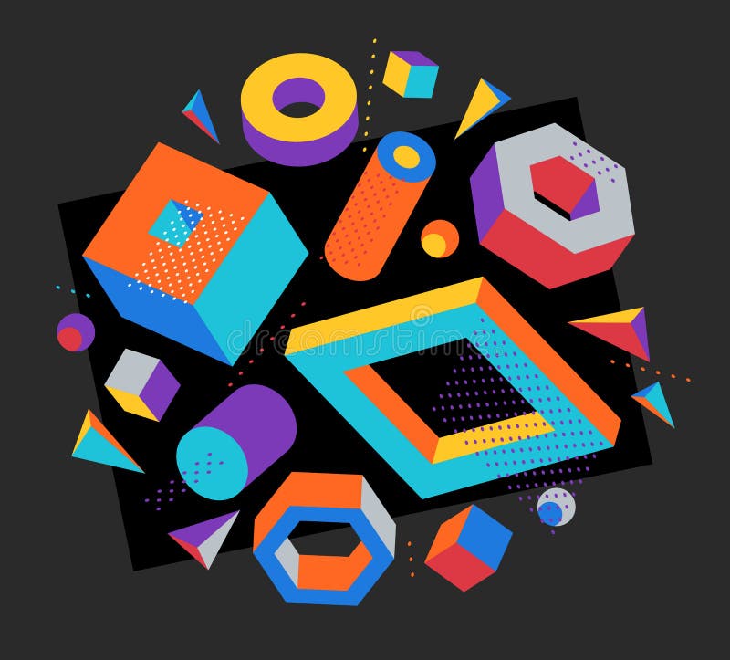 Colorful 3D Shapes Vector Composition on Dark Background, Bright ...
