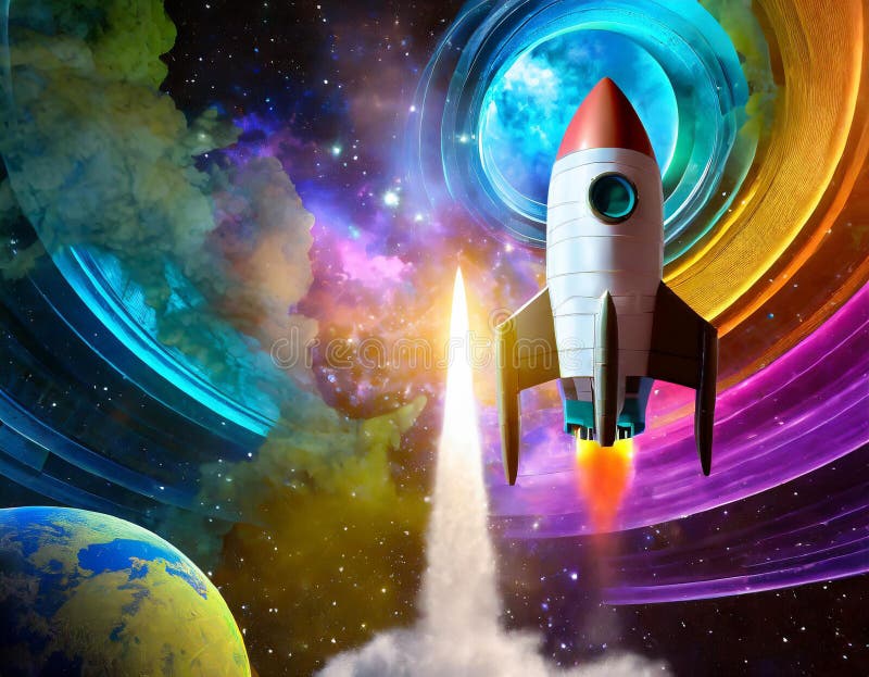 Colorful 3D Space Scene with Abstract Dimensions and Rocket Stock ...