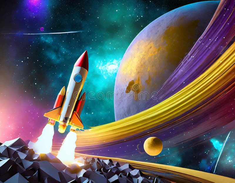 Colorful 3D Space Scene with Abstract Dimensions and Rocket Stock ...