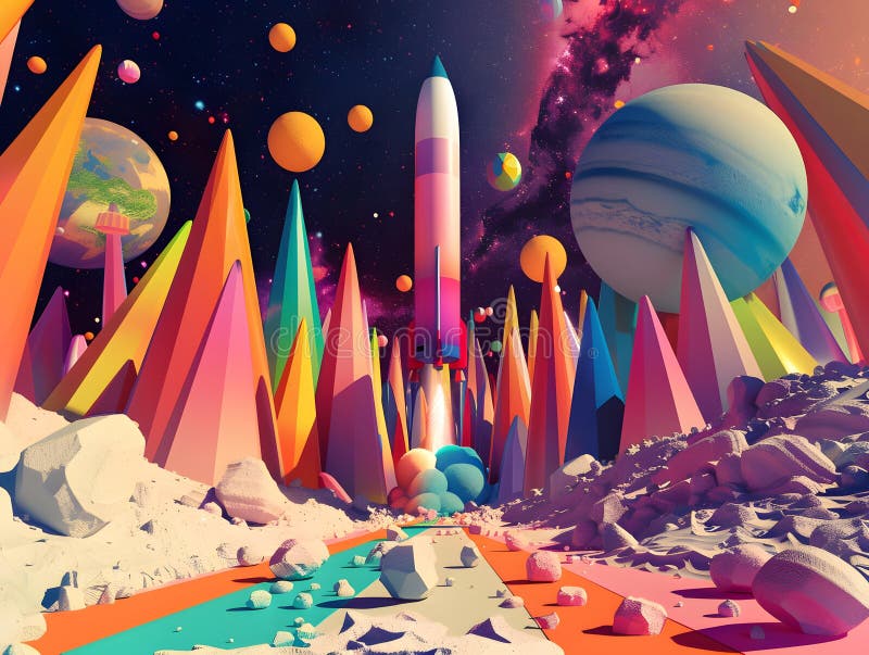 Colorful 3D Space Scene with Abstract Dimensions and Rocket Stock ...