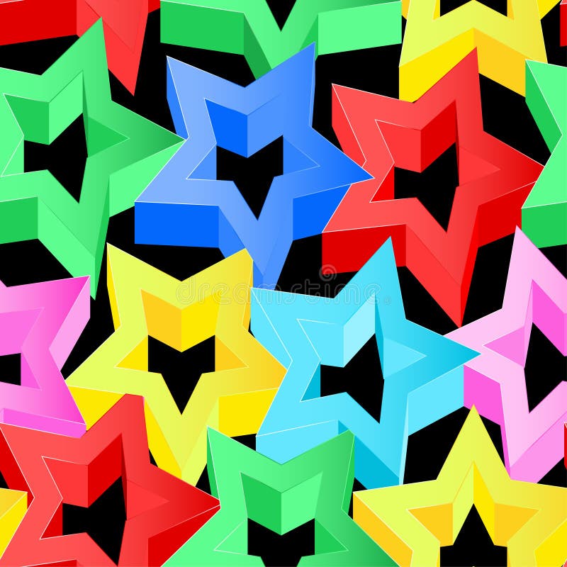 Colorful 3D Stars on Black Seamless Pattern Stock Vector - Illustration ...