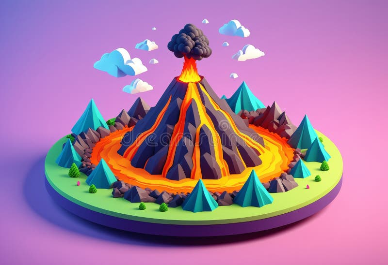 Colorful 3d Volcano Eruption in a Stylized Landscape with Lava Flow ...