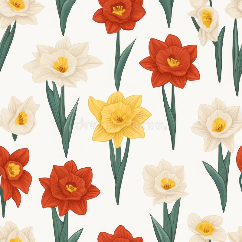 Colorful Daffodil Pattern: Retro Golden Age Illustrations Stock ...