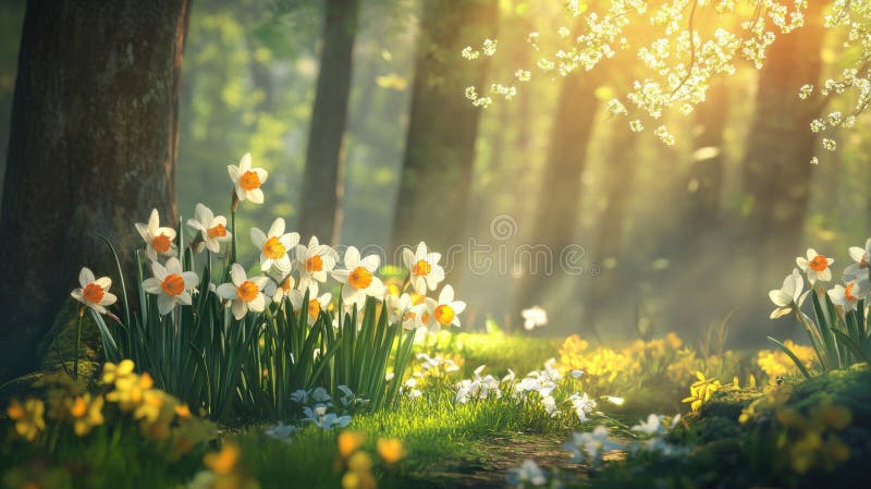 Colorful Daffodils Blooming in a Sunny Spring Forest Setting Stock ...