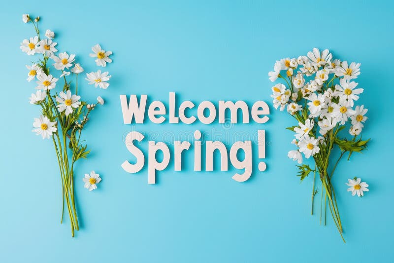 Welcome Spring with Cheerful Daisies on a Vibrant Blue Background Stock ...