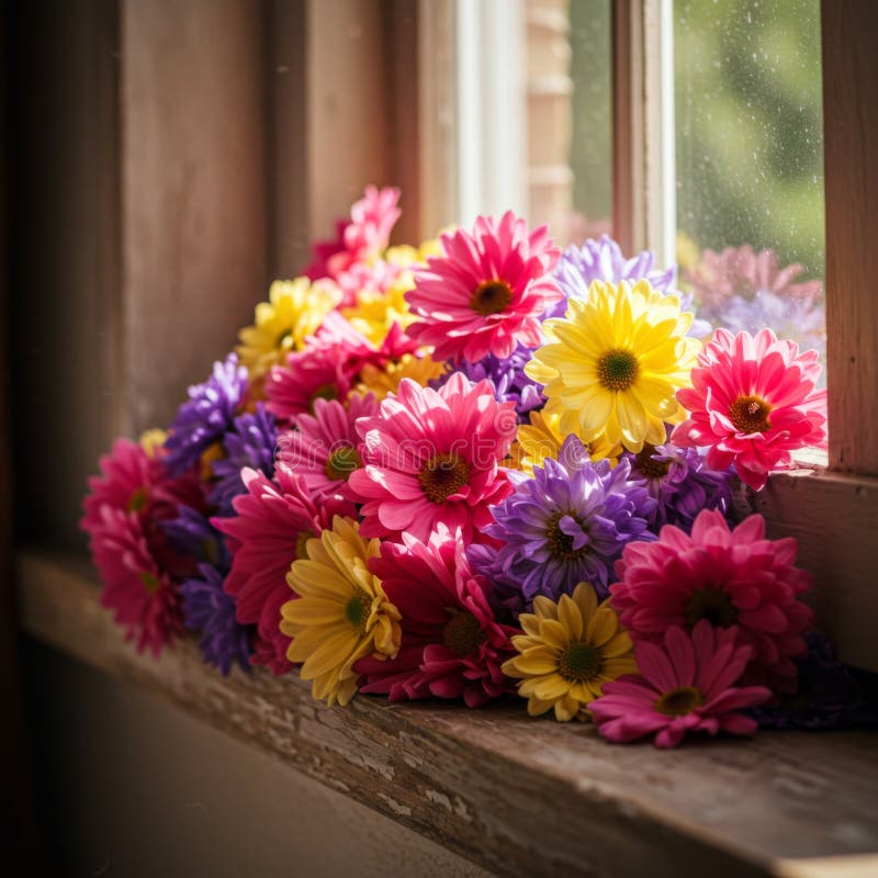 Colorful Daisy Bouquet on Rustic Windowsill in Sunlight Stock Image ...