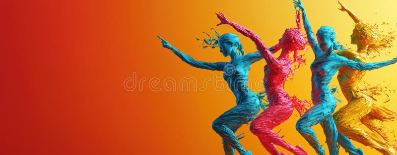 Colorful Dancing Figures Made of Paint on Vibrant Gradient Background ...