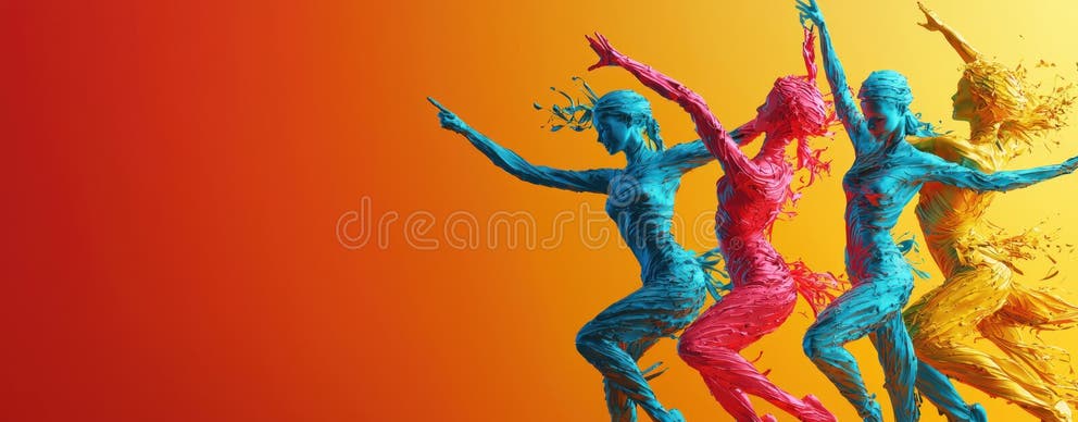 Colorful Dancing Figures Made of Paint on Vibrant Gradient Background ...