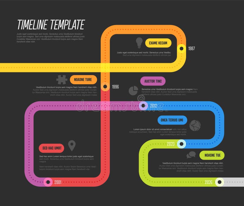 Colorful Dark Timeline Thick Line Design Template with Text Boxes and ...
