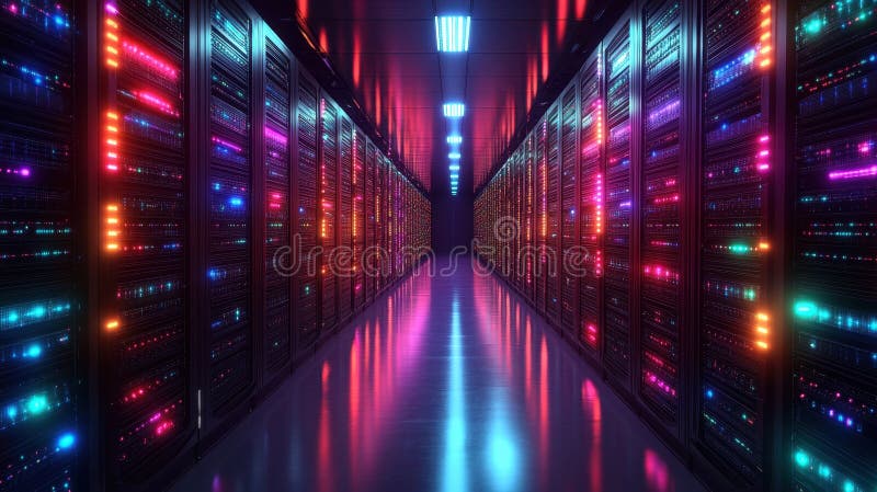 Colorful Data Center Corridor Illuminated by Vibrant Lights Showcasing ...