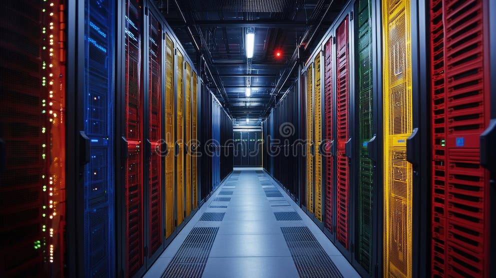 Colorful Data Center Corridor with Rack Servers and Bright Lighting ...