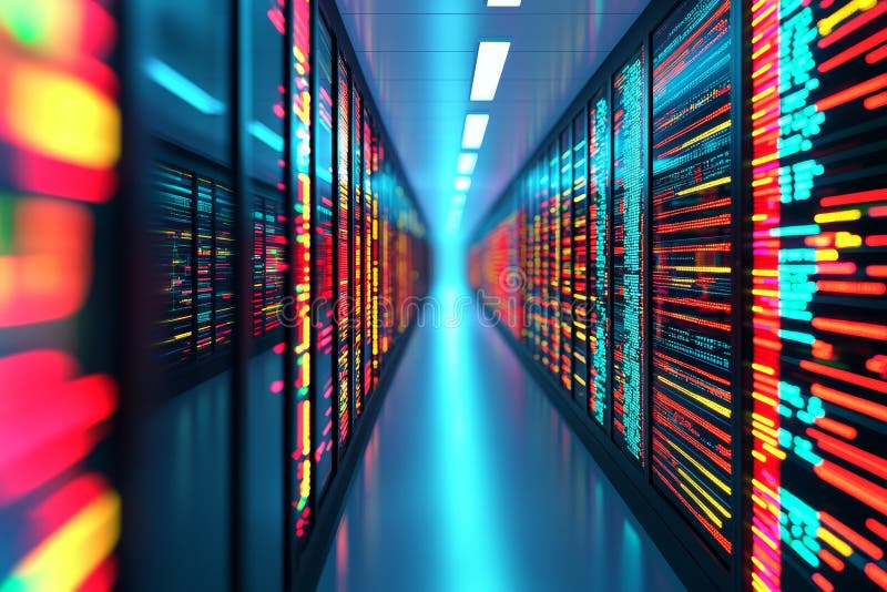 Colorful Data Center Hallway with Illuminated Server Racks Stock ...